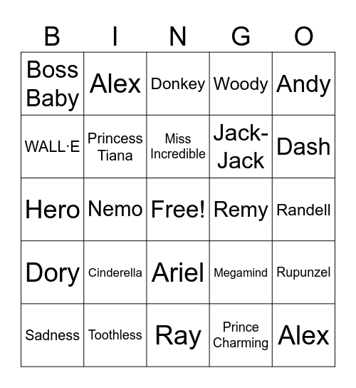 Dreamworks V Pixar Bingo Card