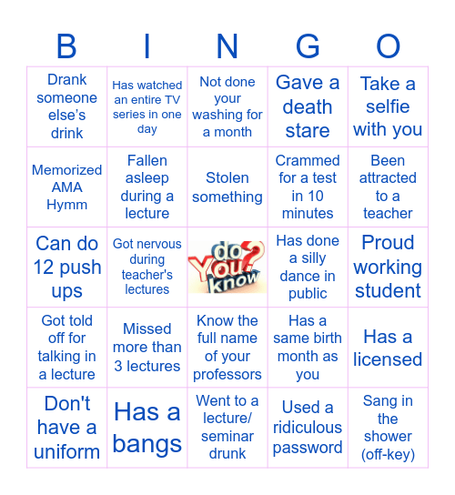 University Student Bingo Card