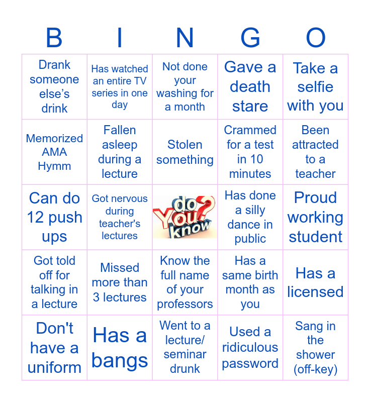 University Student Bingo Card