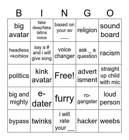Rate My Avatar Bingo Card