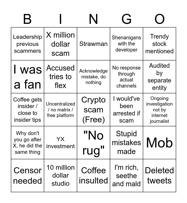 Coffeezilla crypto scam bingo Card