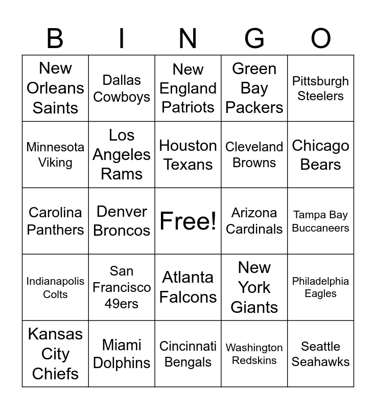 NFL Bingo Card