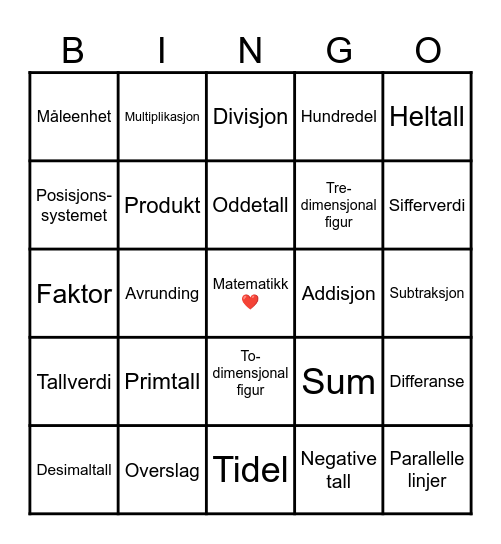 Tall og tallregning Bingo Card