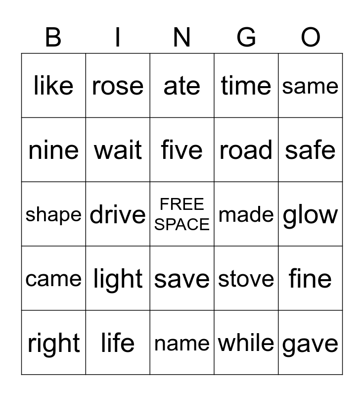 Long Vowel Bingo Card