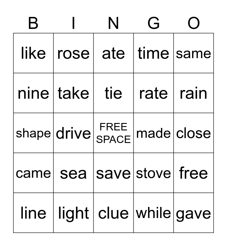 Long Vowel Bingo Card
