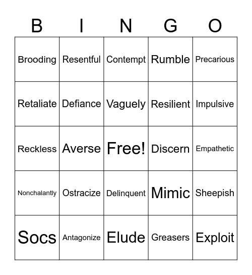 The Outsiders Vocab Bingo Card