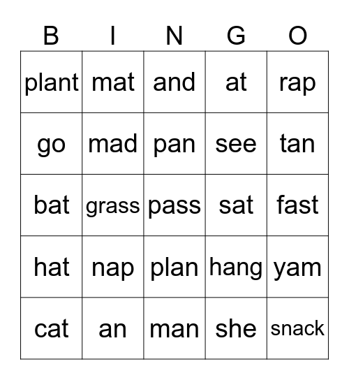 Short a Bingo Card
