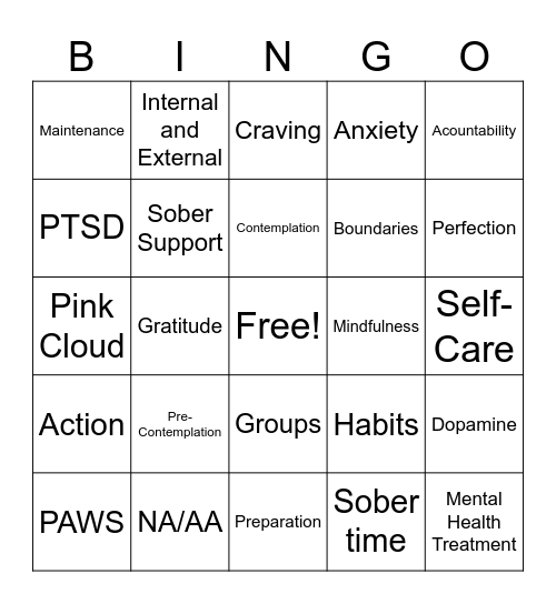 Recovery Bingo Card
