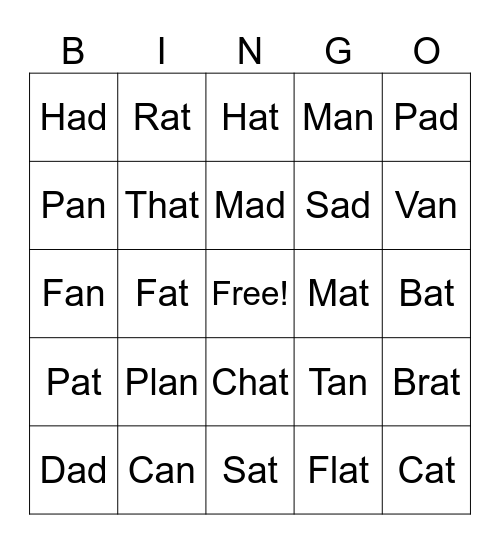 Word Family Bingo Card