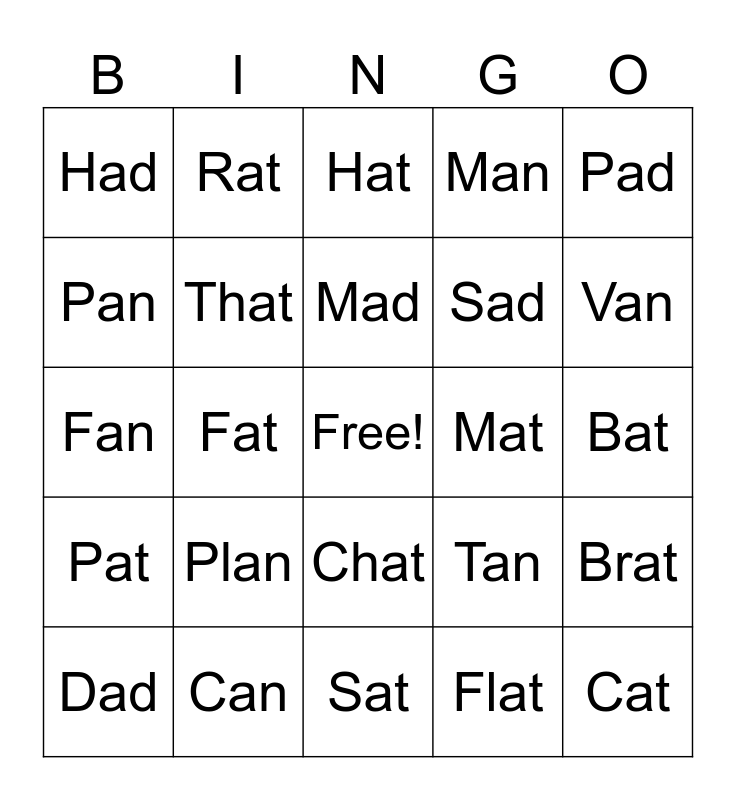 Word Family Bingo Card