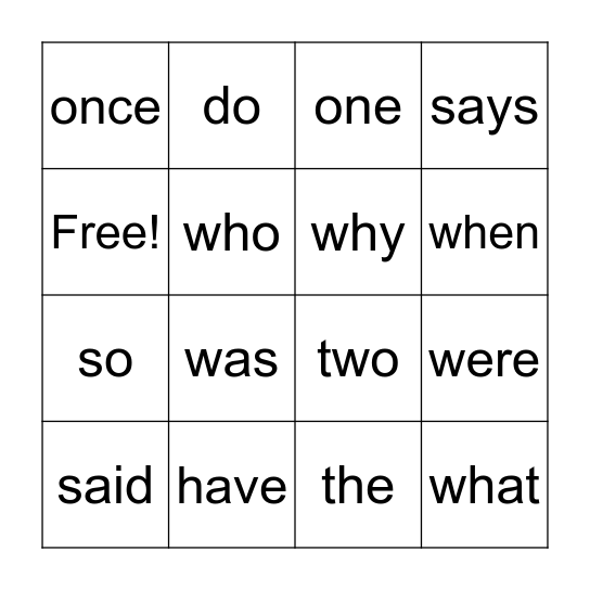 Tricky Word Bingo Card