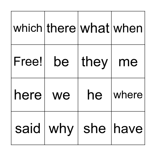 Tricky Word Bingo Card