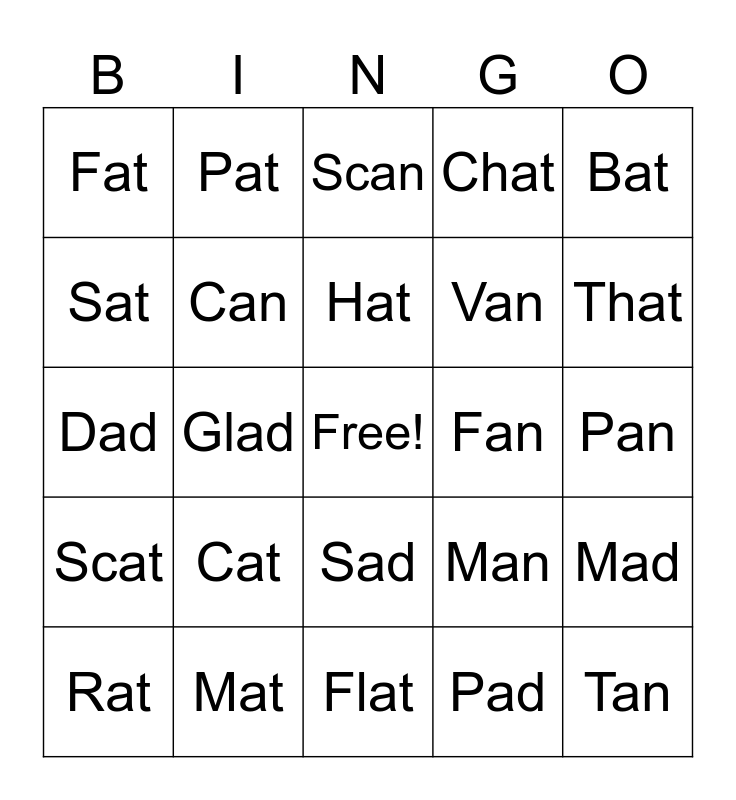 Word Family Bingo Card
