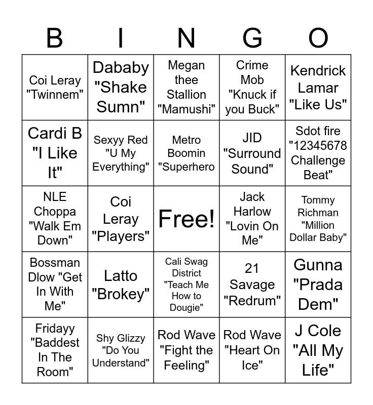 RAP Bingo Card