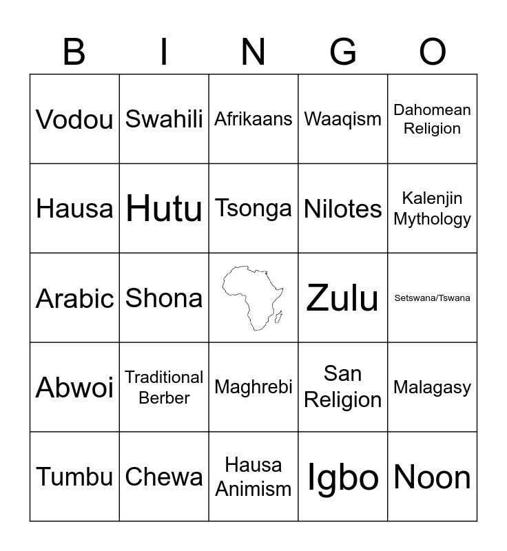 African Bingo Card