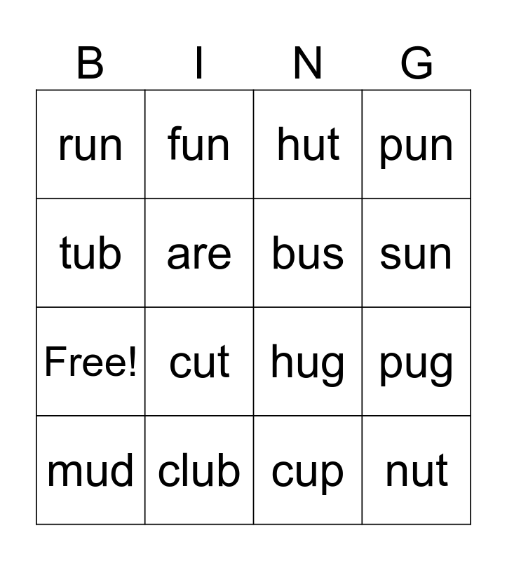 Short U Bingo Card