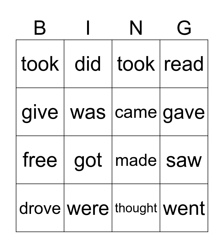 Past Tense Verbs Bingo Card