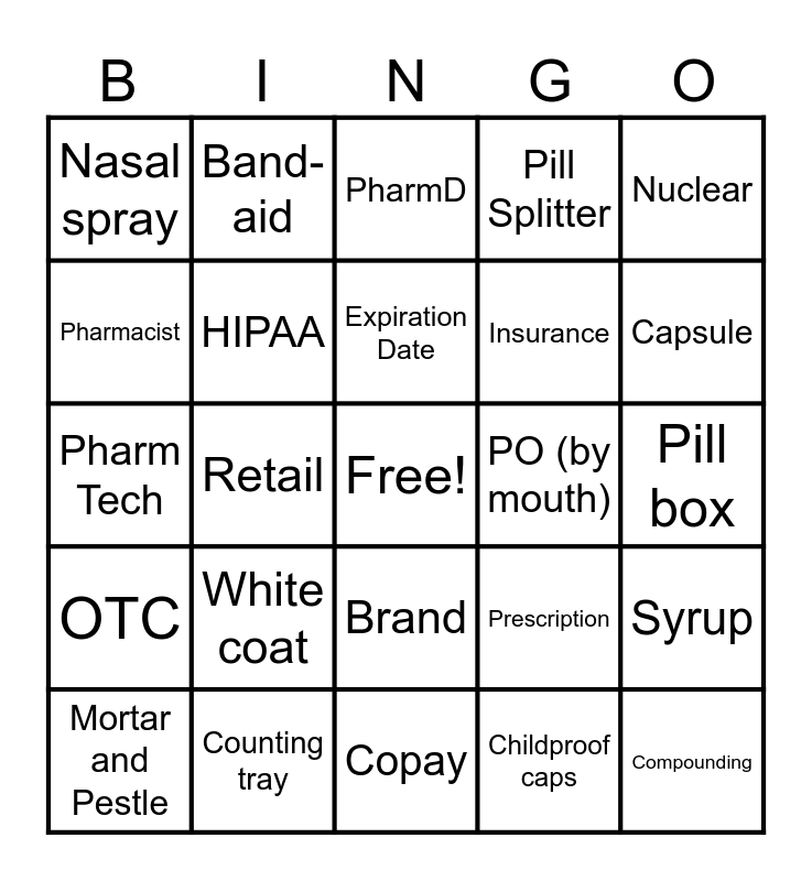 Pre-Pharmacy Bingo Card