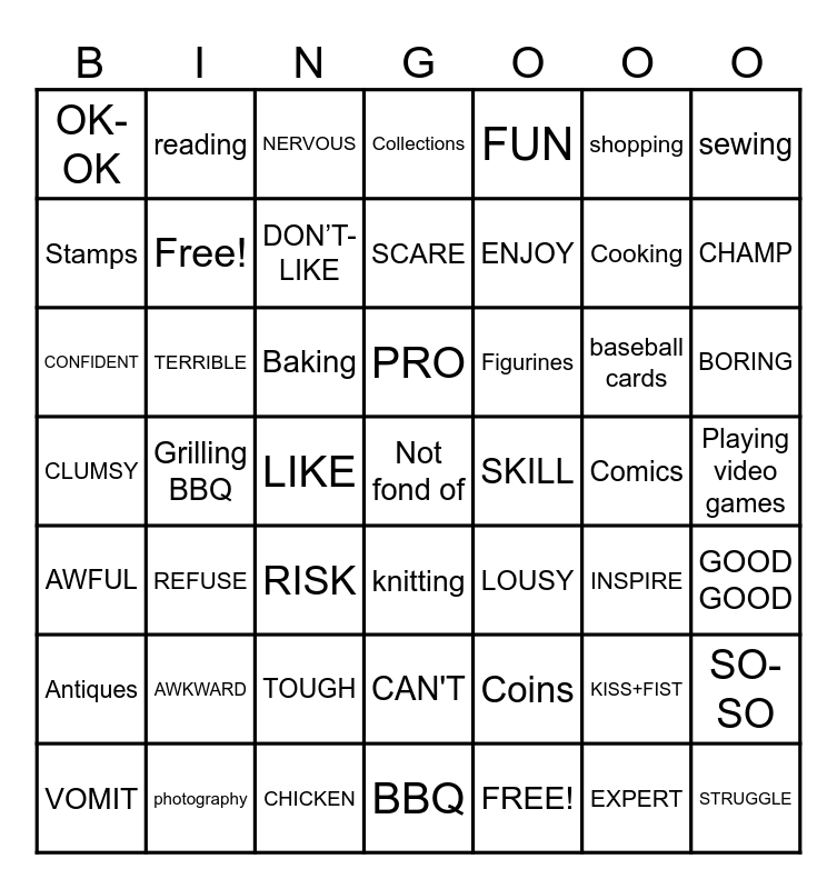 Hobbies and Interests Bingo Card