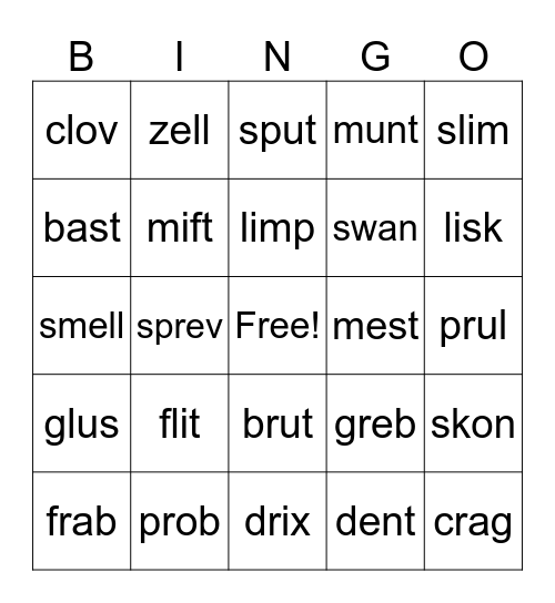 Nonsense Words with Blends Bingo Card