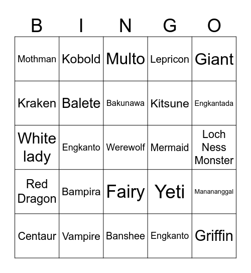 Mythical Creatures Bingo Card
