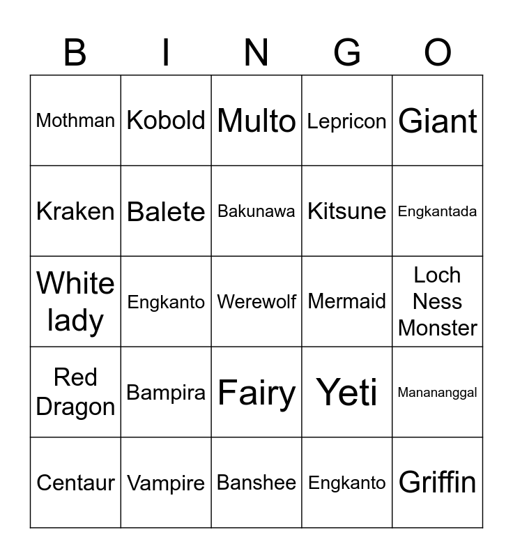 Mythical Creatures Bingo Card