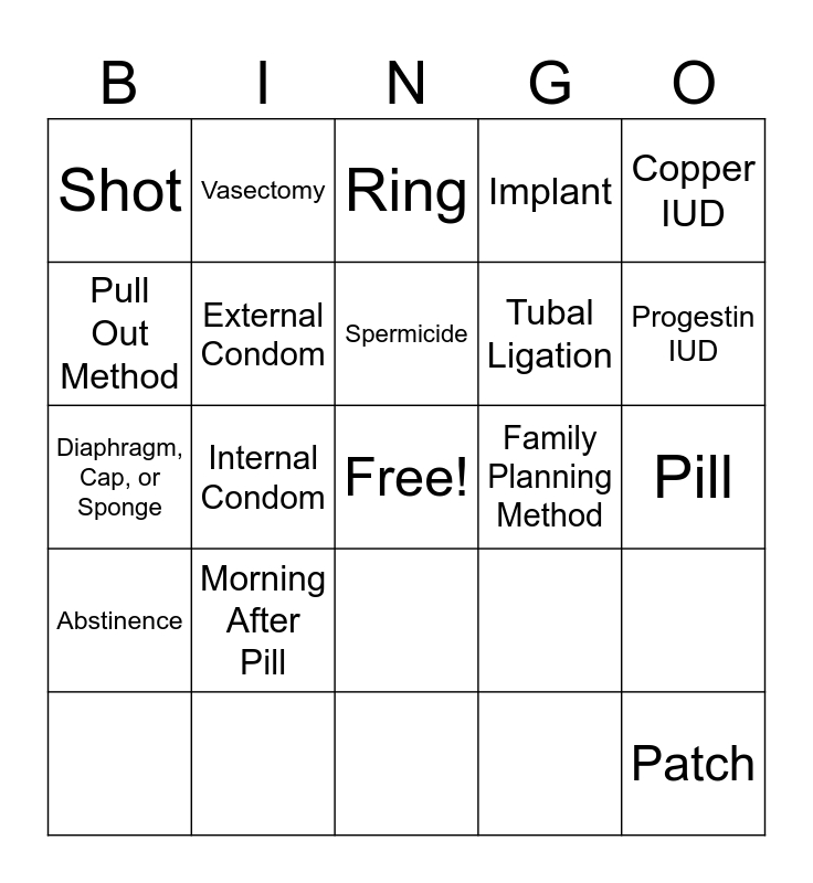 Birth Control BINGO Card