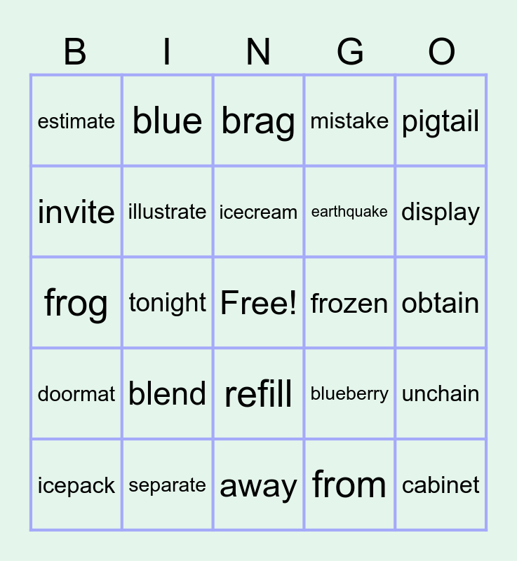 Multisyllabic Bingo Card