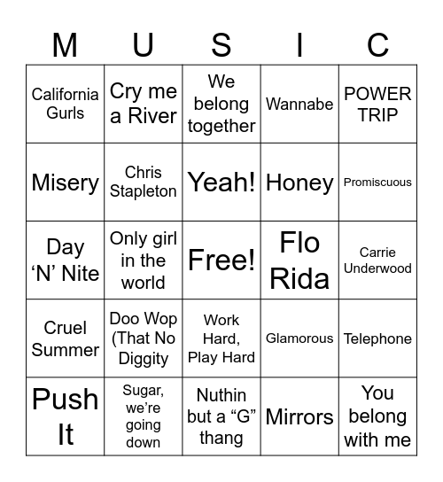 Hip-Hop Music Bingo Card