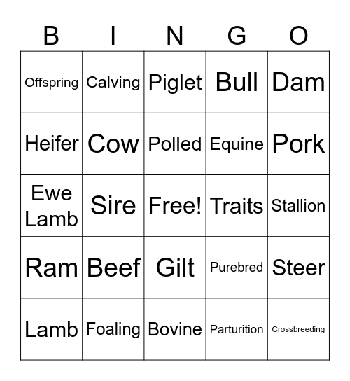 Livestock Bingo Card