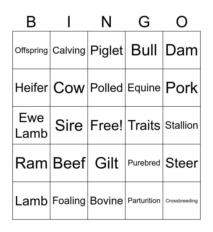 Livestock Bingo Card