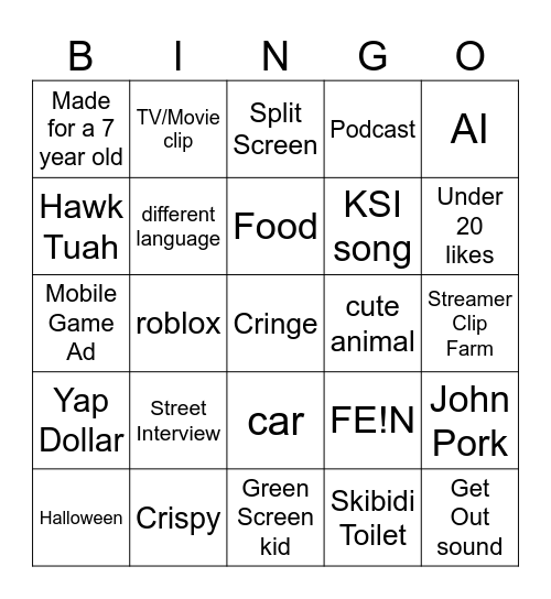 YT Shorts Bingo Card