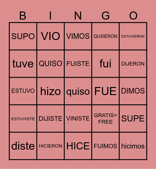 PRETERITO IRREGULAR Bingo Card