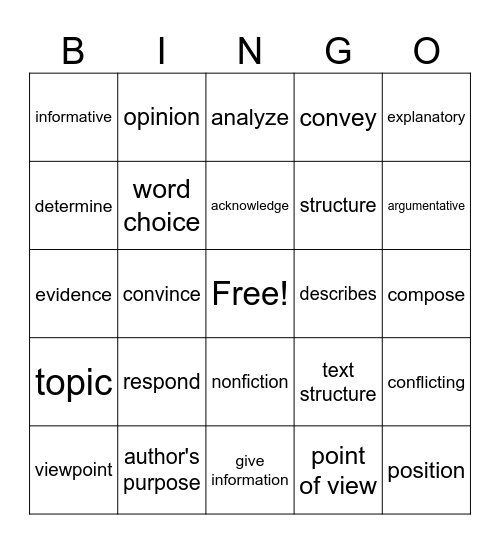 Author's Purpose/Point of view Bingo Card