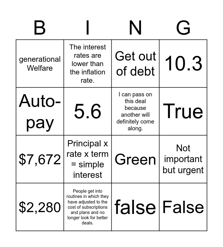 2nd 6 weeks review Bingo Card