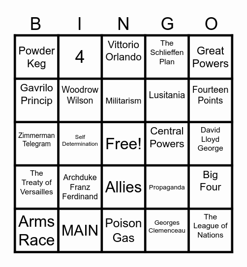 World War I Bingo Card