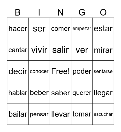 Verbos infinitivos Bingo Card