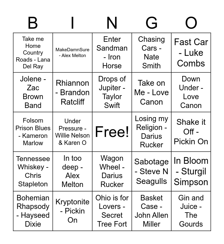 Country Covers Bingo Card