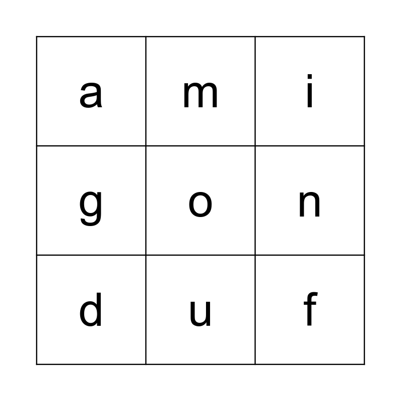 Letter sound bingo t, b, f, n, m, i, u, c, o, a, g, d, s, Bingo Card