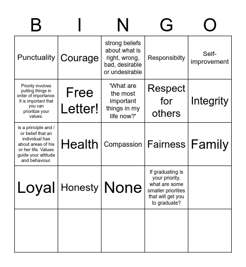 Values and Priorities Bingo Card