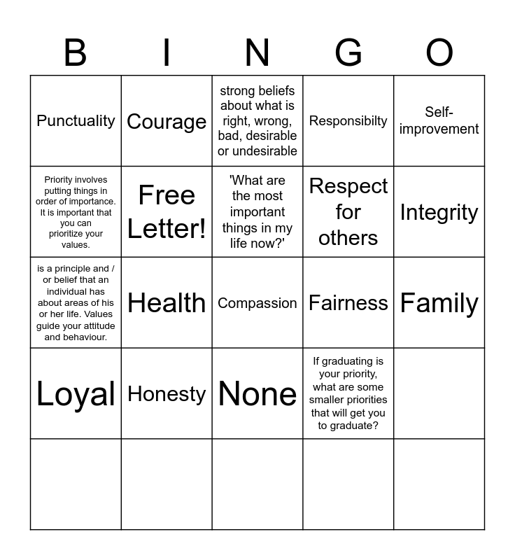 Values and Priorities Bingo Card