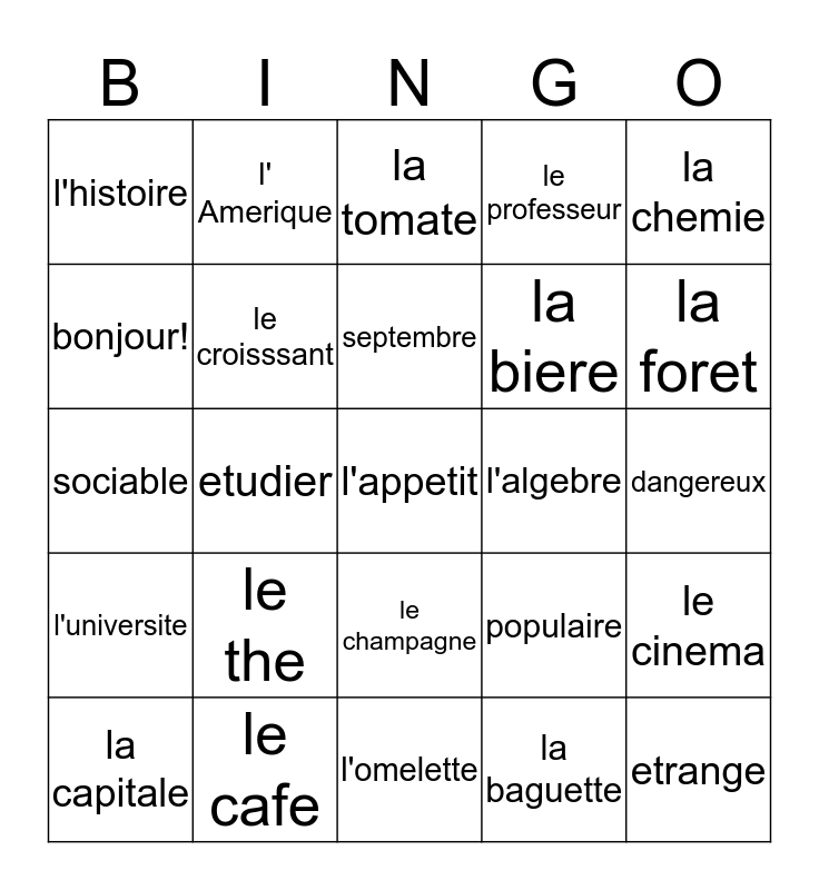 Les Mots Francais Bingo Card