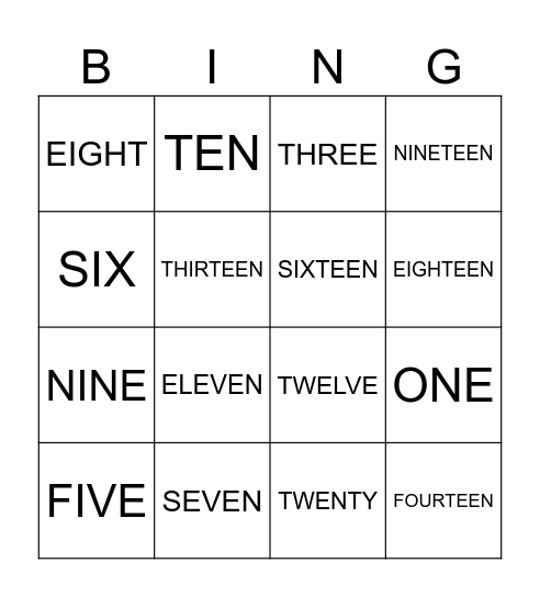 number words Bingo Card