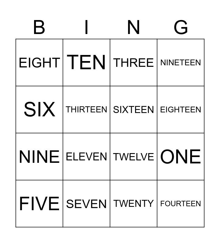 number words Bingo Card