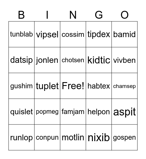 nonsense words Bingo Card