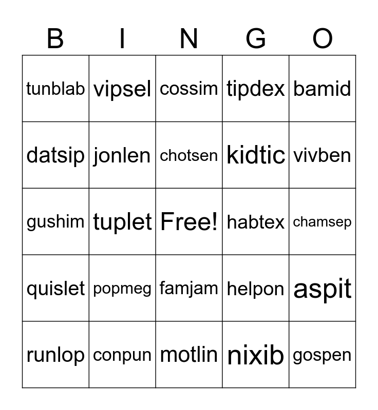 nonsense words Bingo Card