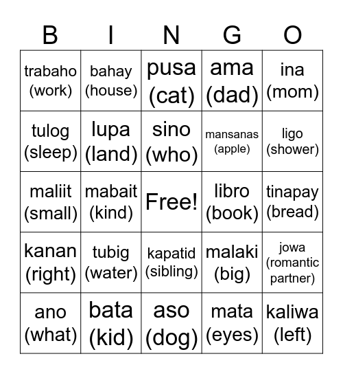 Tagalog Bingo! Bingo Card