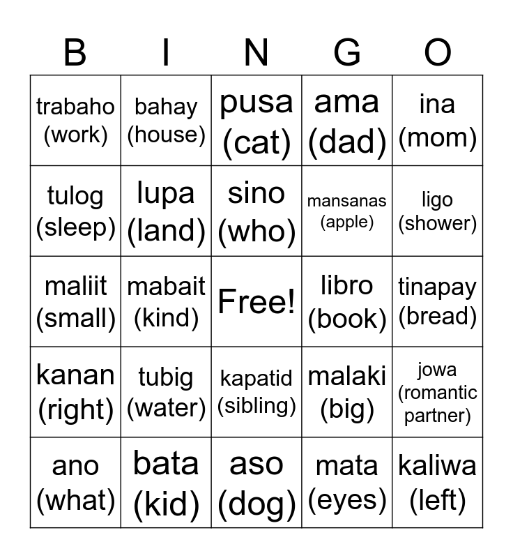 Tagalog Bingo! Bingo Card
