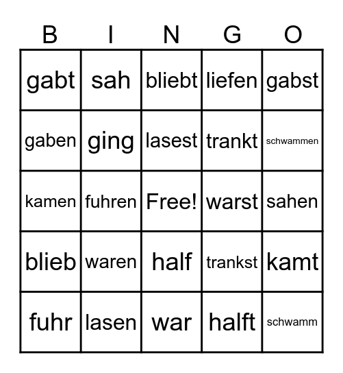 Imperfekt der Starken/ Unregelmäßigen Verben Bingo Card
