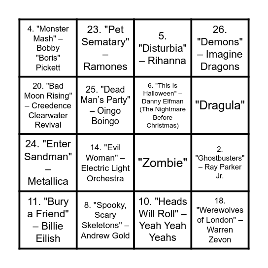 Halloween Music Bingo Card